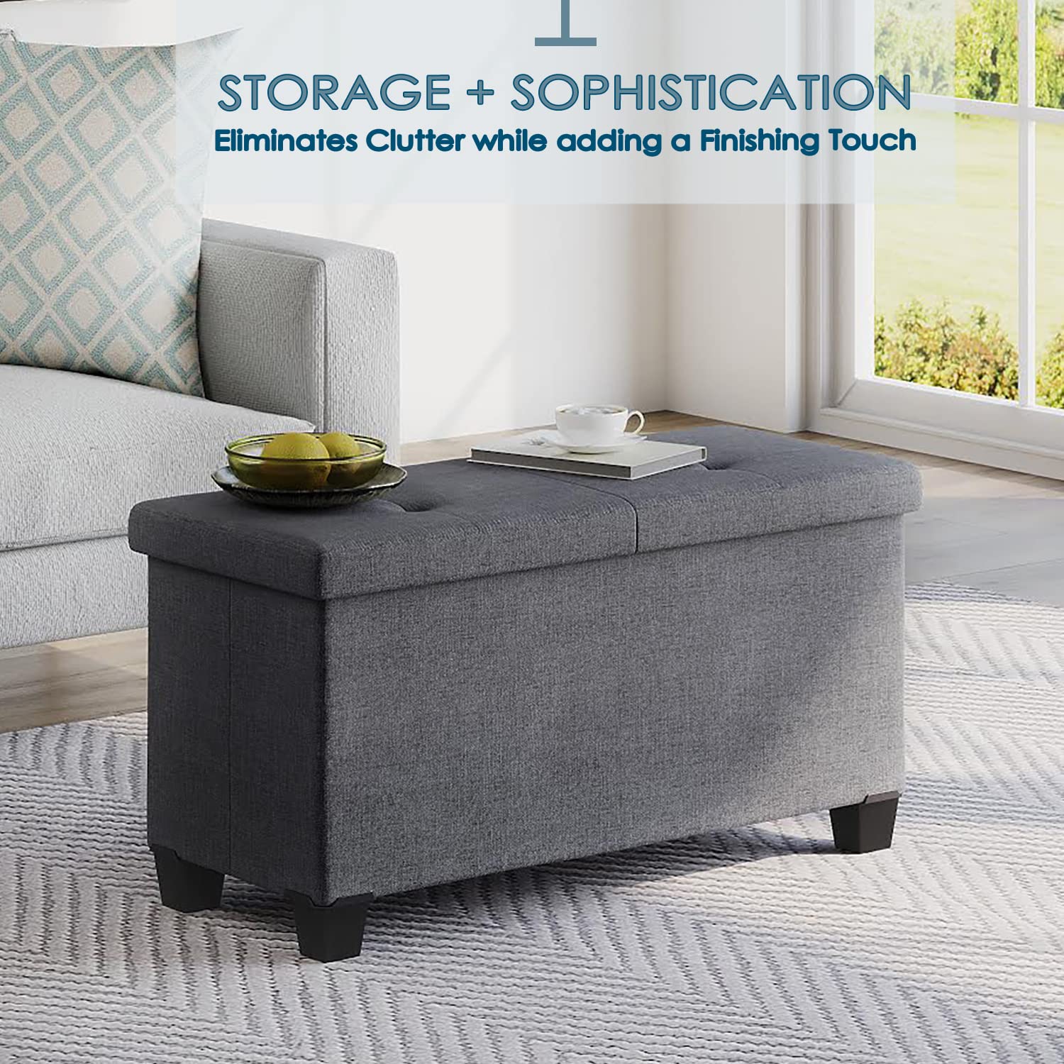 Storage Ottoman Bench with Storage Bins, 30-In Storage Bench for Bedroom End of Bed, Folding Foot Rest Ottoman with Storage for Living Room, Storage Chest Max 660lbs, Linen Fabric Grey Ottoman