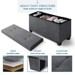 Storage Ottoman Bench with Storage Bins, 30-In Storage Bench for Bedroom End of Bed, Folding Foot Rest Ottoman with Storage for Living Room, Storage Chest Max 660lbs, Linen Fabric Grey Ottoman