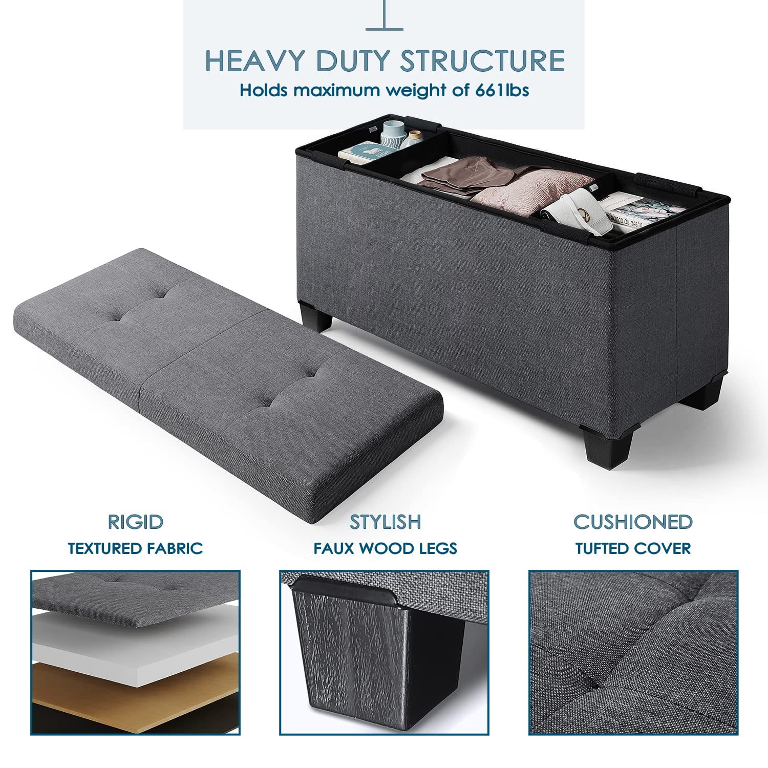 Storage Ottoman Bench with Storage Bins, 30-In Storage Bench for Bedroom End of Bed, Folding Foot Rest Ottoman with Storage for Living Room, Storage Chest Max 660lbs, Linen Fabric Grey Ottoman