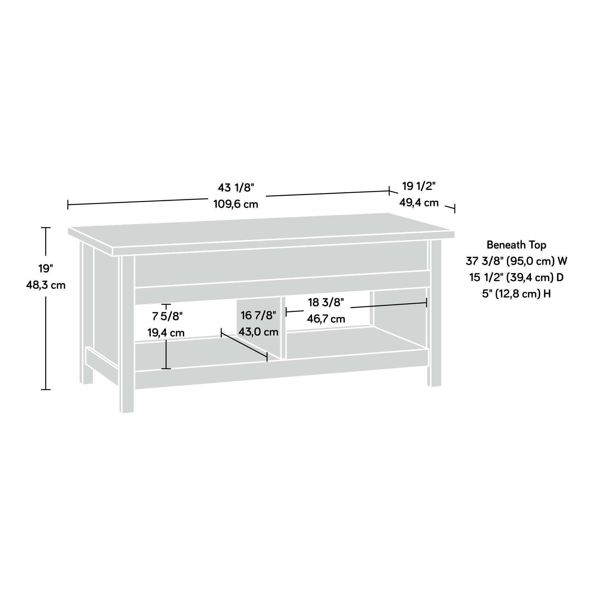 Sauder Cannery Bridge Lift Top Coffee Table, L: 43.15" x W: 19.45" x H: 19.02", Sindoori Mango finish