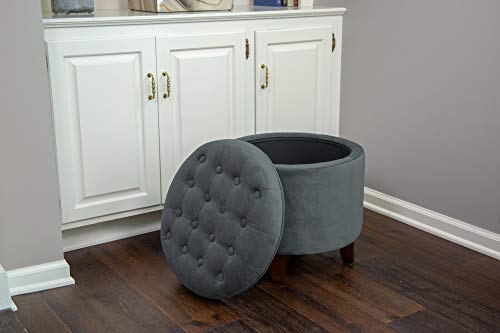 Homepop Home Decor | Upholstered Round Velvet Tufted Foot Rest Ottoman | Ottoman with Storage for Living Room & Bedroom | Decorative Home Furniture, Dark Gray Small