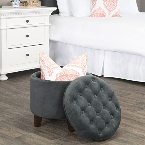 Homepop Home Decor | Upholstered Round Velvet Tufted Foot Rest Ottoman | Ottoman with Storage for Living Room & Bedroom | Decorative Home Furniture, Dark Gray Small