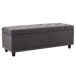 belleze 47 inch storage ottoman, button-tufted ottoman linen storage bench with safety close hinge, ottoman with storage for living room, entryway, hallway, foot rest, support 300lbs - dark gray