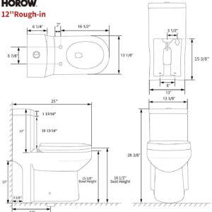 HOROW HWMT-8733S Small Toilet 25" Long x 13.4" Wide x 28.4" High 1-Piece Short Compact Bathroom Tiny Mini Commode Water Closet Dual Flush Concealed Trapway, 12'' Rough-in