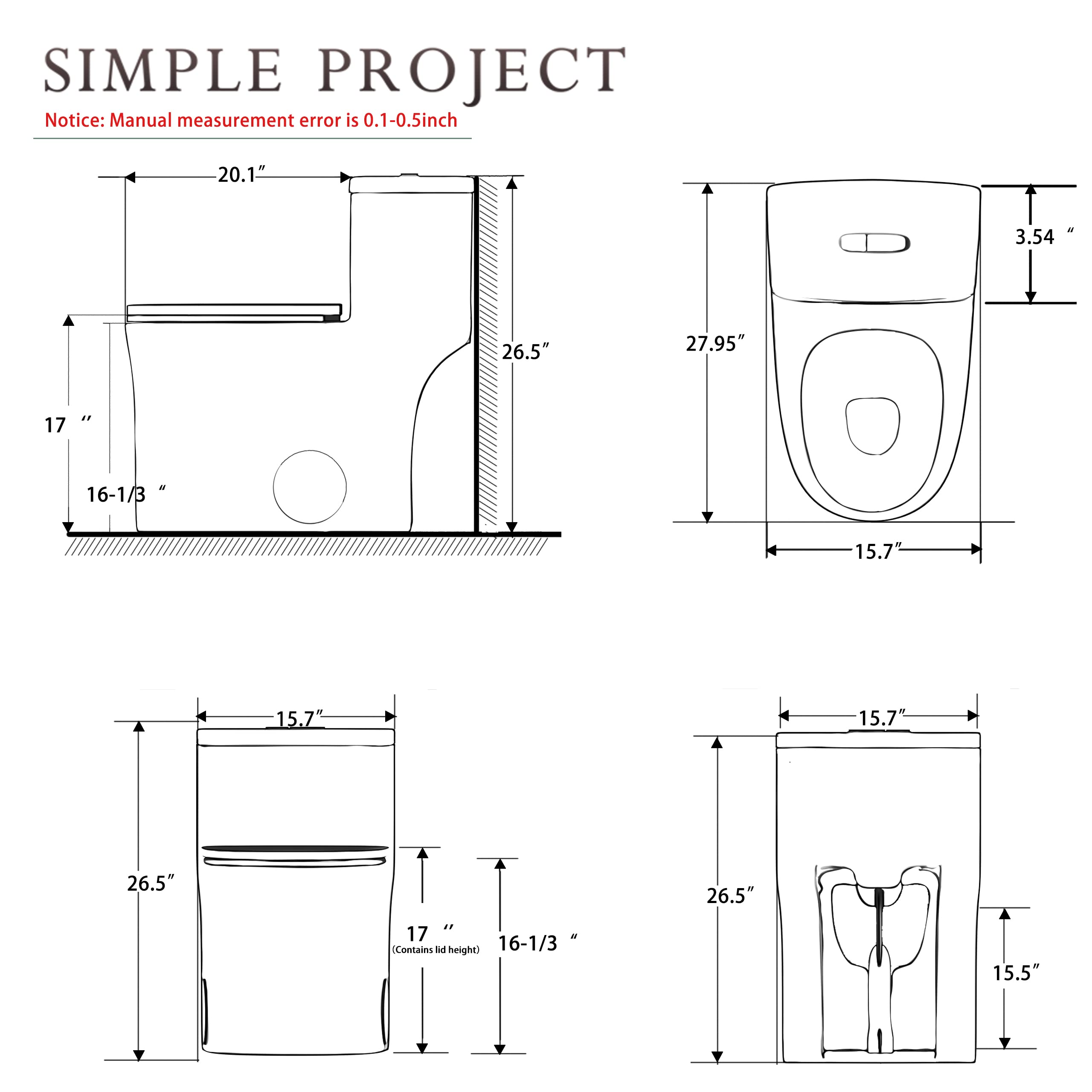 Simple Project Compact Elongated One Piece Toilet - Space-saving Solution For Small Bathrooms - Small Dual Flush Toilet, 16.5" Comfort Height Bowl, 12" Rough-in - White