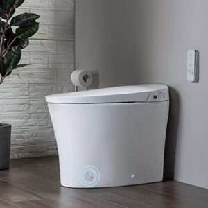 woodbridge b0970s smart bidet tankless toilet elongated one piece ada height, auto flush, foot sensor operation, heated seat with integrated multi function remote control in white