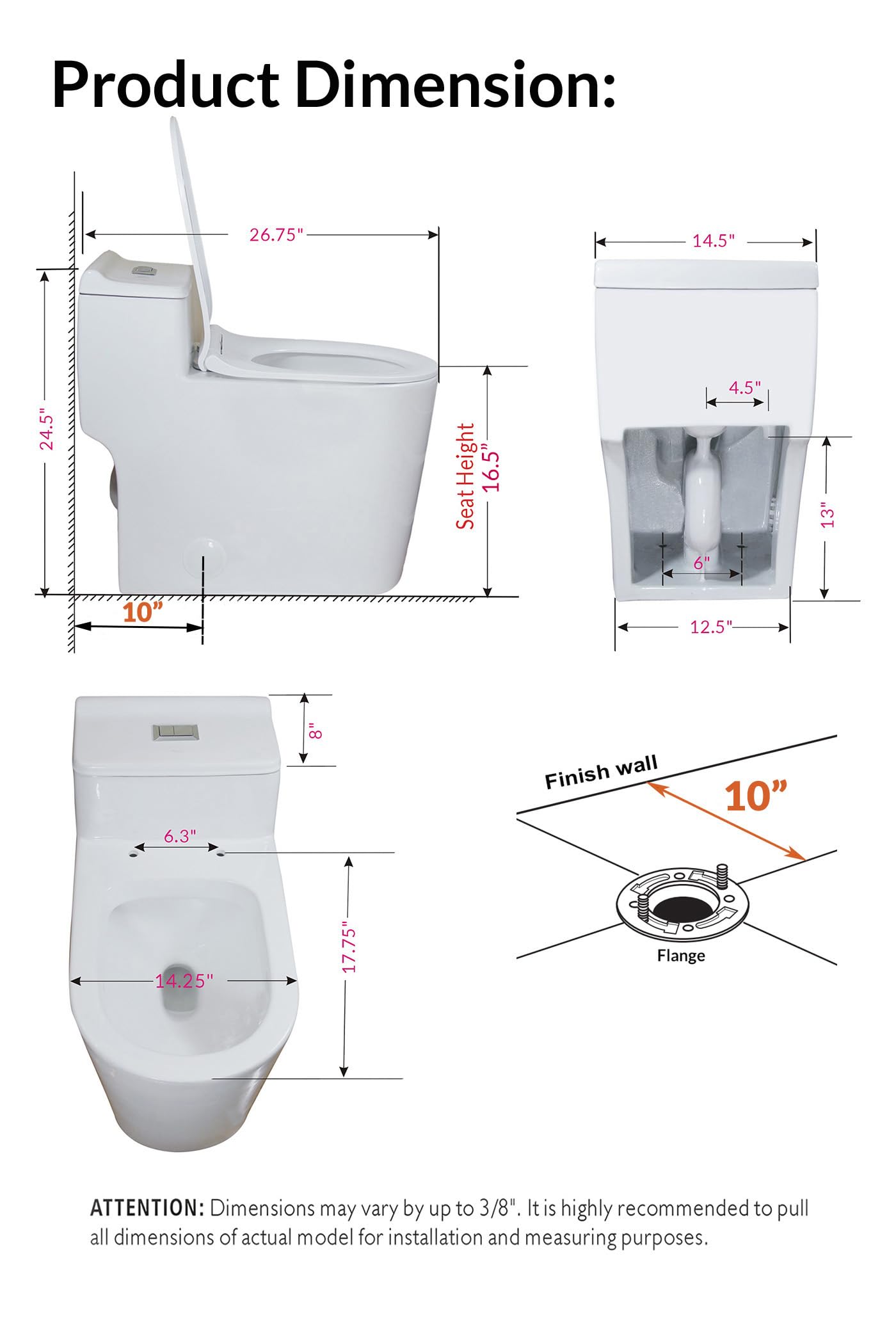 WinZo WZ5080S Dual Flush One Piece Toilet With 10" Rough-in Elongated Comfortable Height, White