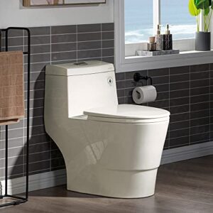 woodbridgee one piece toilet with soft closing seat, chair height, 1.28 gpf dual, water sensed, 1000 gram map flushing score toilet, b0942, biscuit