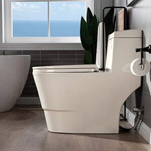 WOODBRIDGEE One Piece Toilet with Soft Closing Seat, Chair Height, 1.28 GPF Dual, Water Sensed, 1000 Gram MaP Flushing Score Toilet, B0942, Biscuit