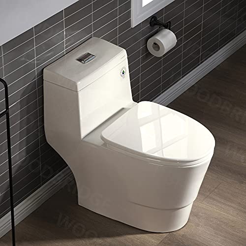 WOODBRIDGEE One Piece Toilet with Soft Closing Seat, Chair Height, 1.28 GPF Dual, Water Sensed, 1000 Gram MaP Flushing Score Toilet, B0942, Biscuit