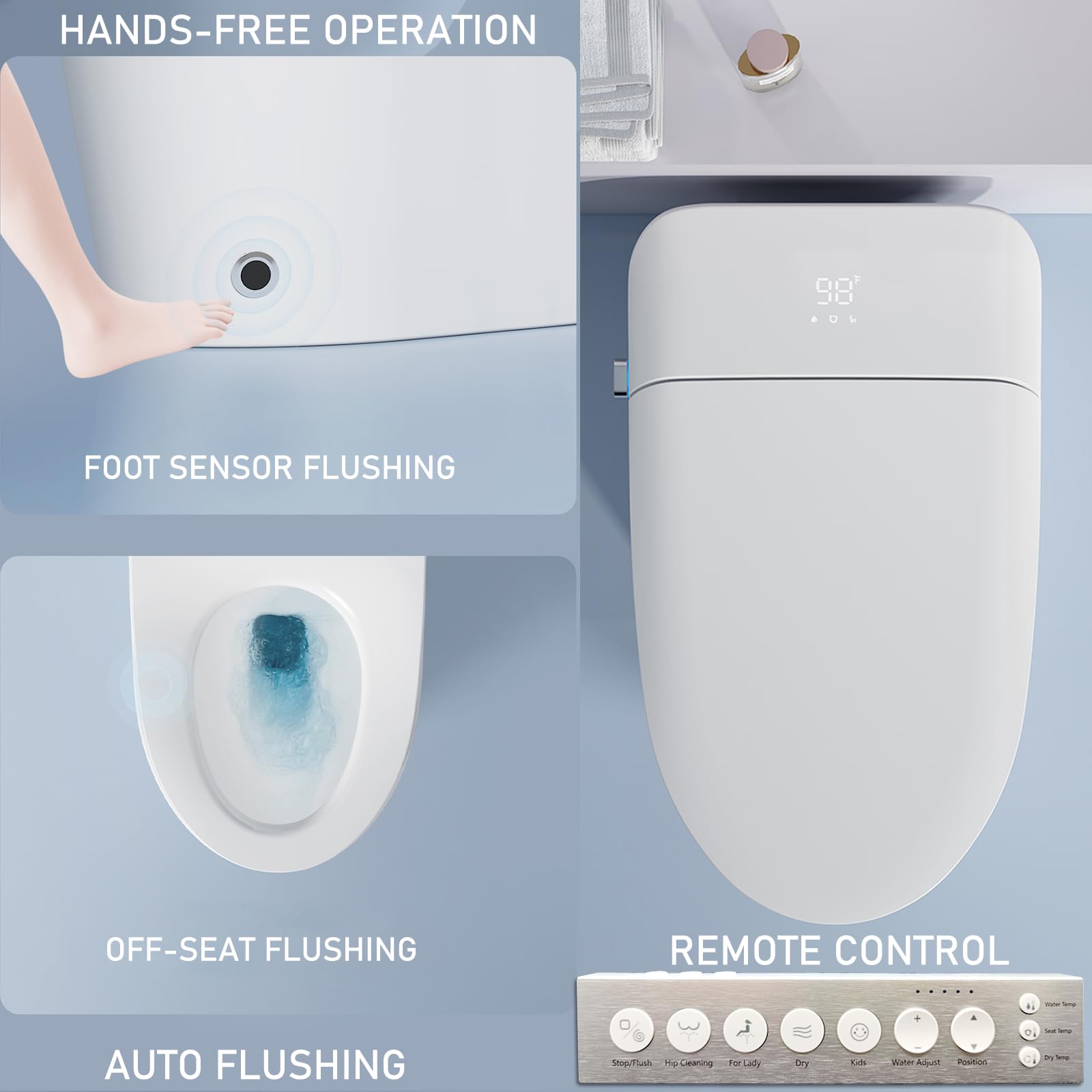 Smart Bidet Toilet with Off-Seat Flush/Foot Sensor Flush, Automatic Tankless Toilet with Intelligent Features, Heated Seat, Warm Water, Warm Air dryer, LED Display