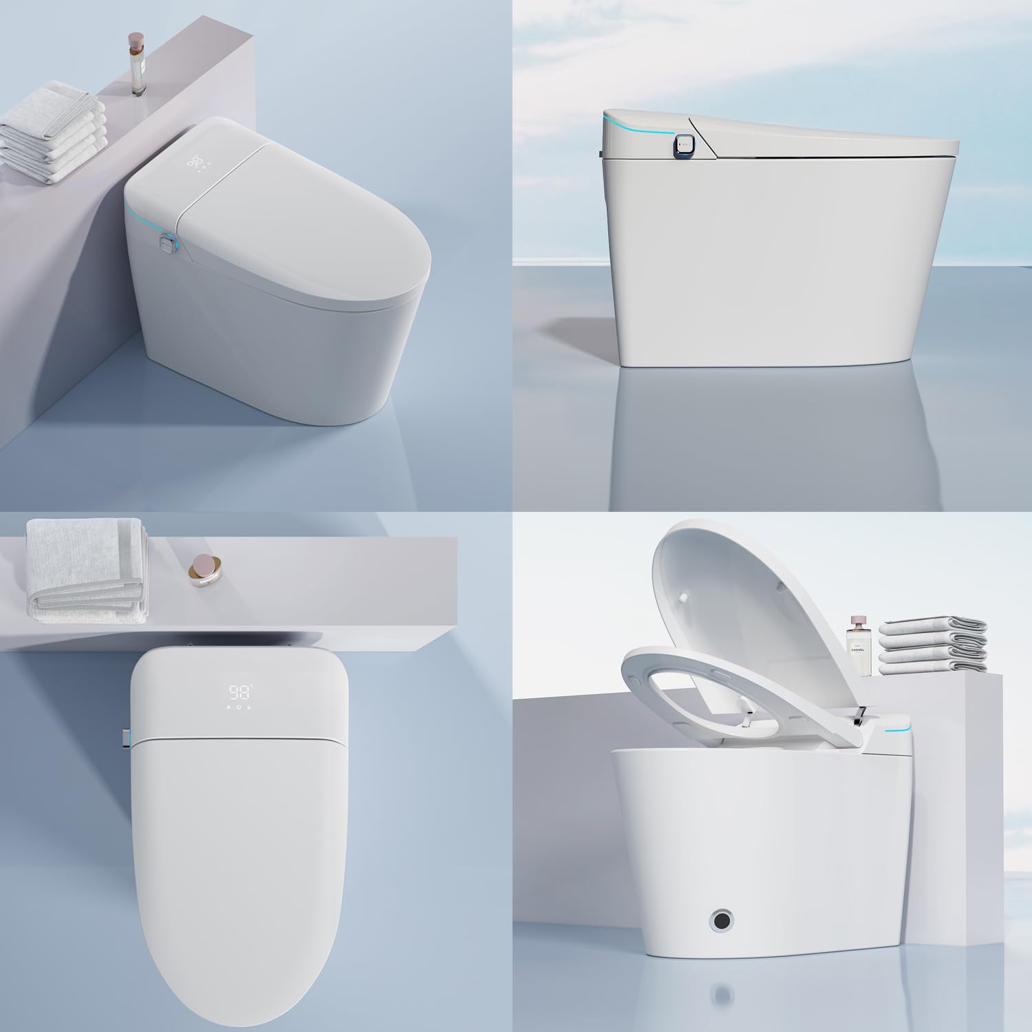 Smart Bidet Toilet with Off-Seat Flush/Foot Sensor Flush, Automatic Tankless Toilet with Intelligent Features, Heated Seat, Warm Water, Warm Air dryer, LED Display