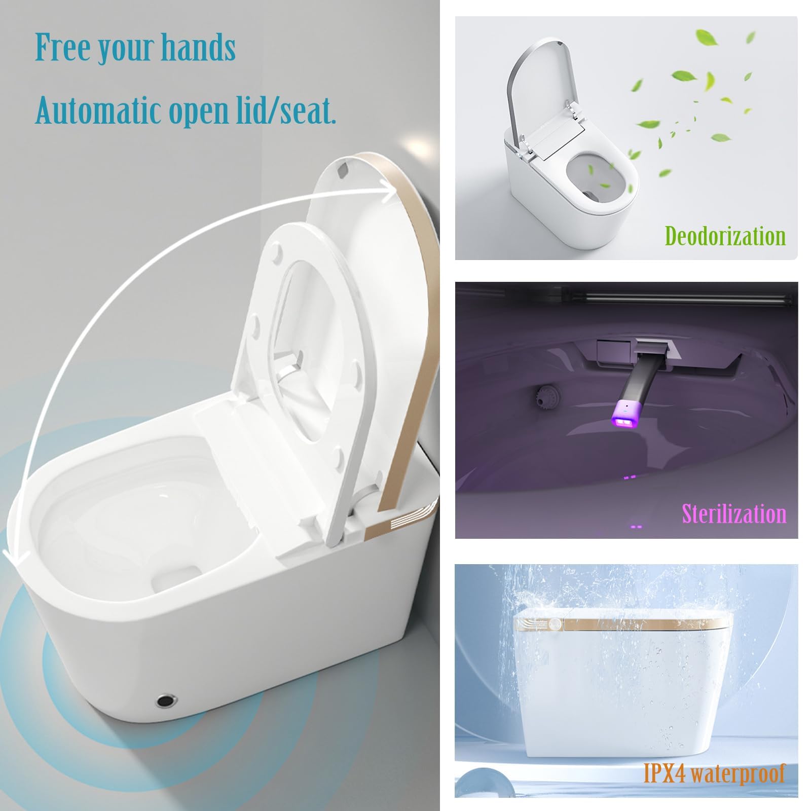 BONSAM Smart Toilet with Foot Sensor, Heated Seat and Air Dryer for Modern Bathrooms. Intelligent Tankless Toilet Features an Automatic Open/Close Lid and Seat, Remote Control.