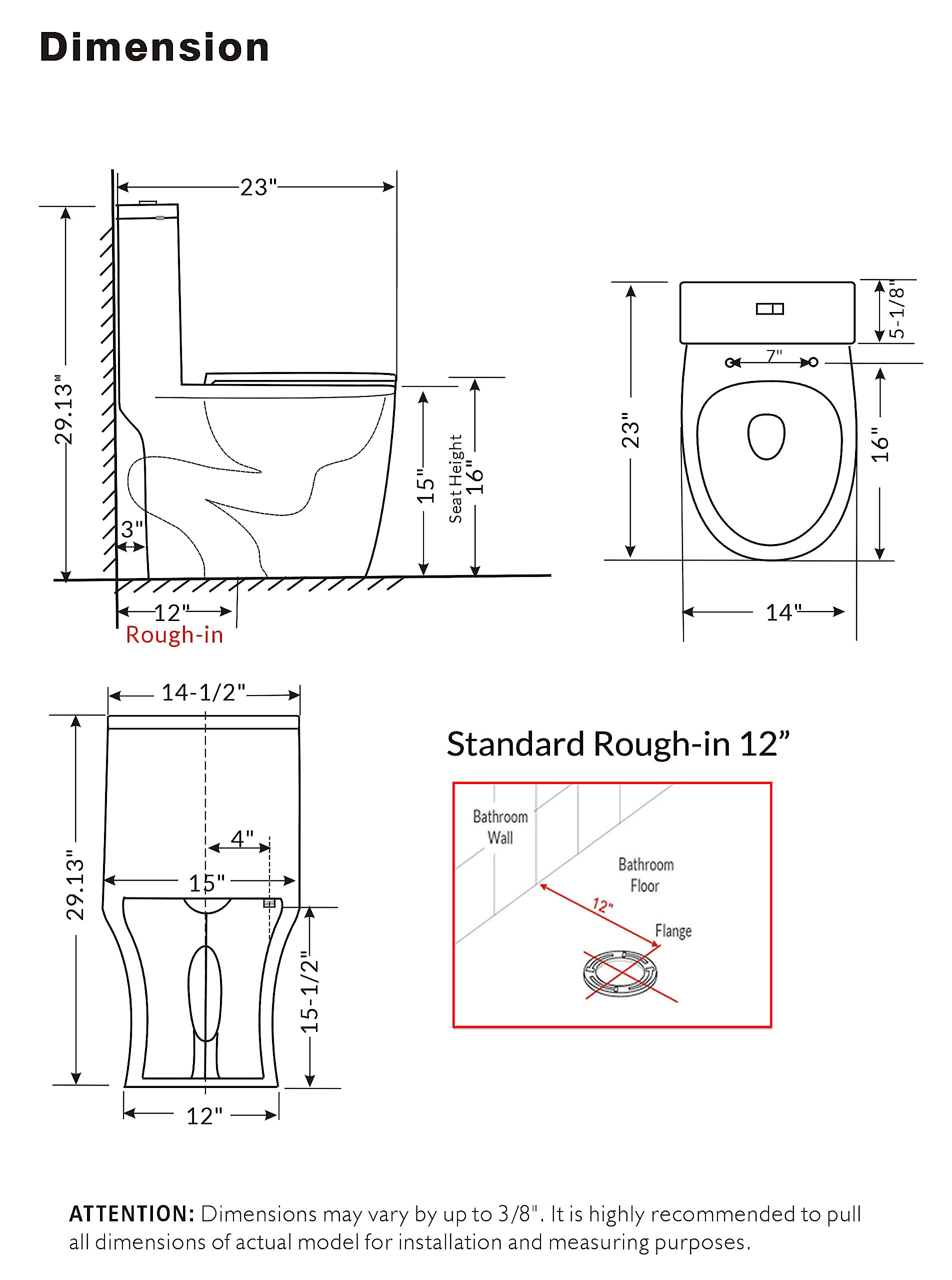 WinZo 23-inch Small Toilet One Piece with Golden Push Button Modern Design For Compact Narrow Bathroom 12" Rough-in White