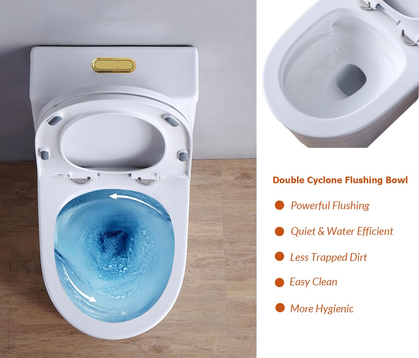 WinZo 23-inch Small Toilet One Piece with Golden Push Button Modern Design For Compact Narrow Bathroom 12" Rough-in White