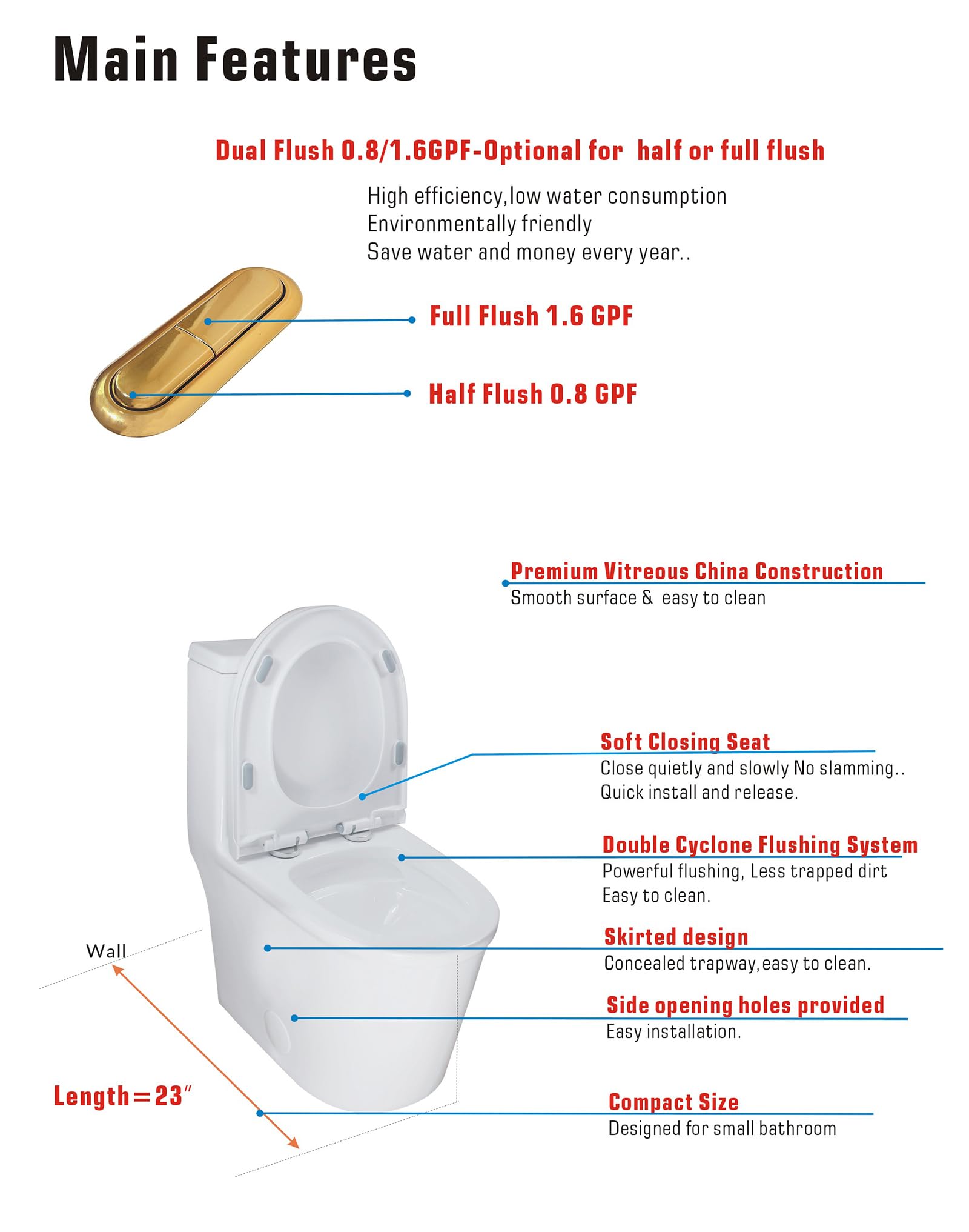 WinZo 23-inch Small Toilet One Piece with Golden Push Button Modern Design For Compact Narrow Bathroom 12" Rough-in White