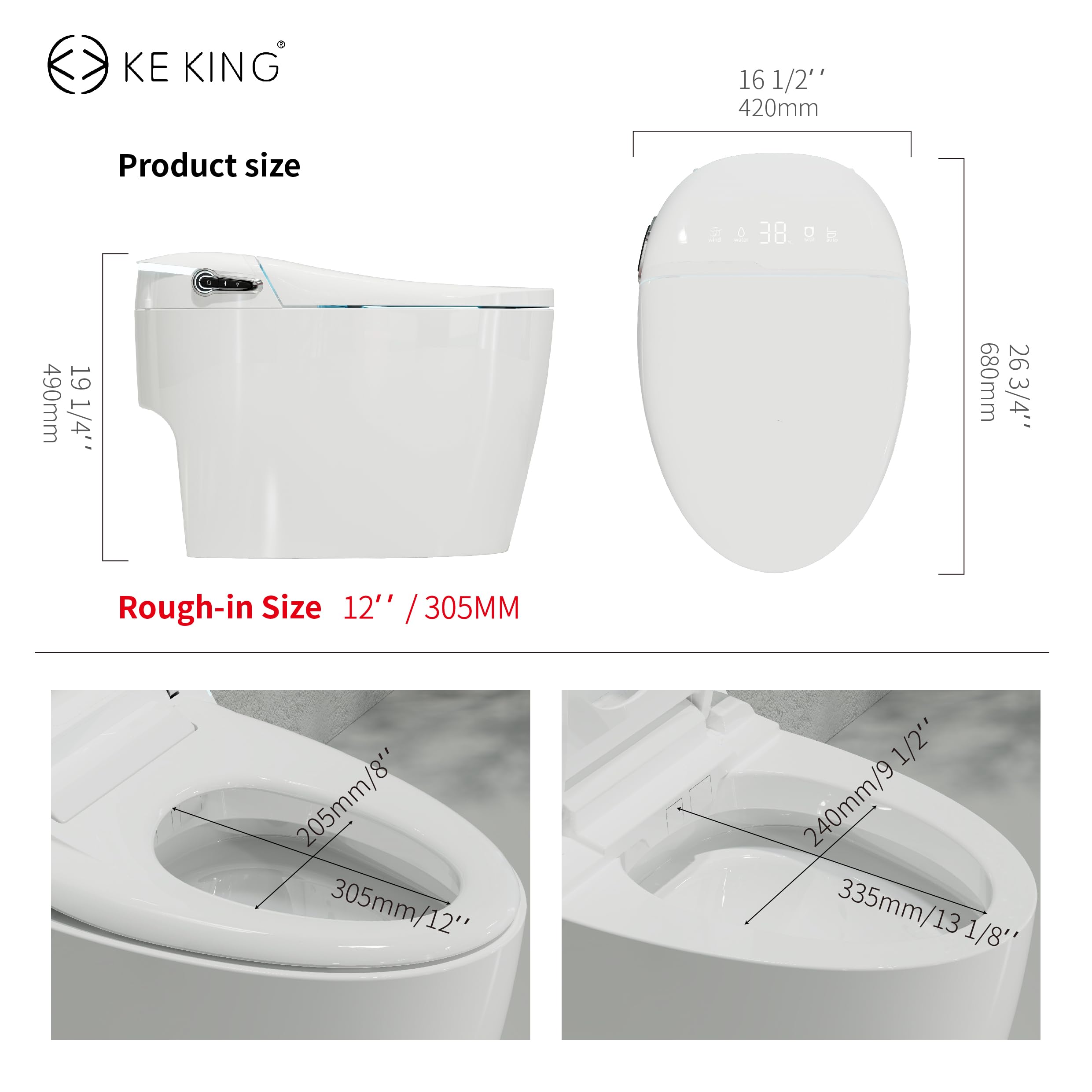 One Piece Elongated Smart Bidet Toilet with Massage Washing, Auto Flush, Heated Seat and Integrated Multi Function Remote Control, White