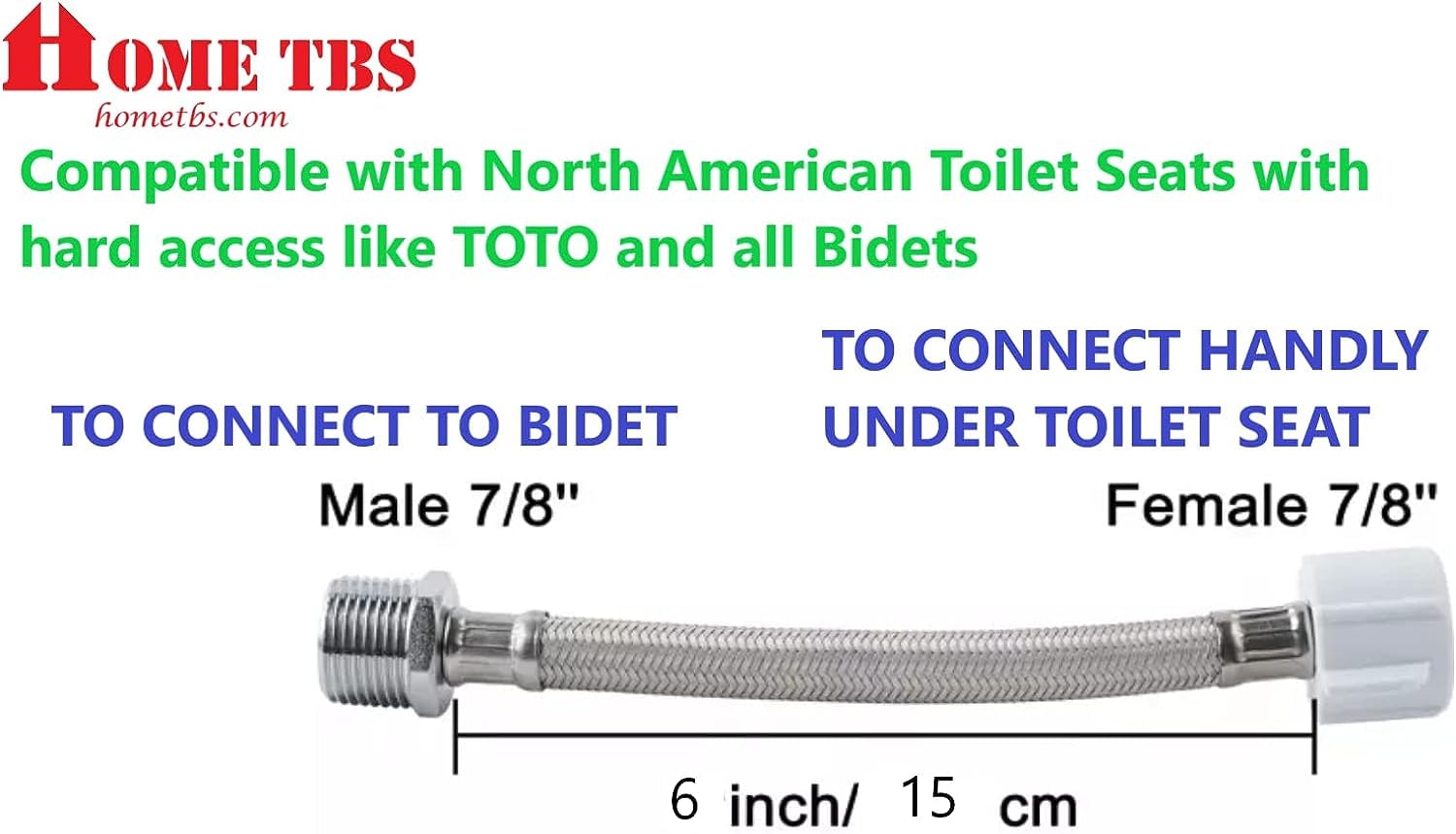 NEW 6 inches Stainless Steel 7/8 male 7/8 female Extension hose toilet seat with hard access Handheld Spray BRAIDED Easy to tight