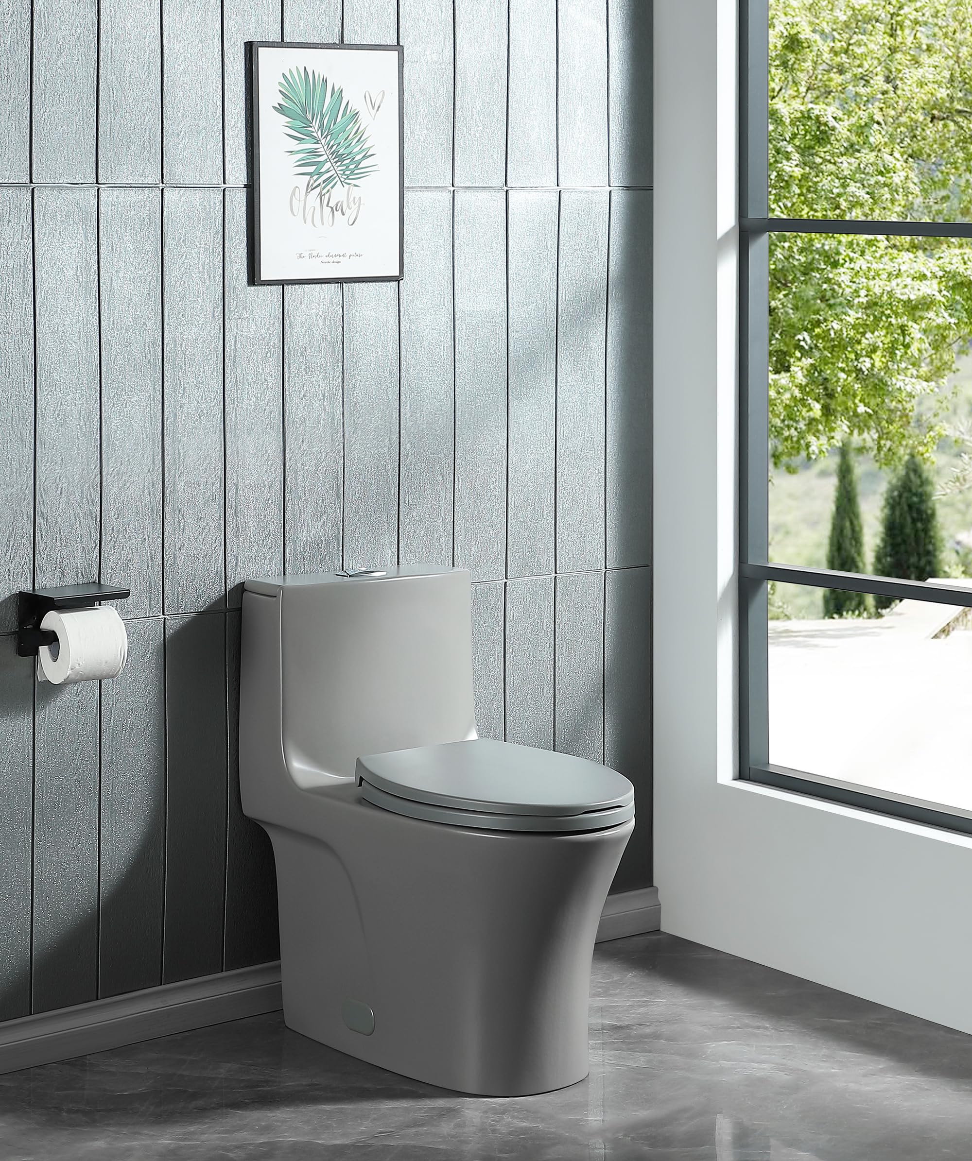 One Piece Toilet Dual Flush Elongated Standard Modern Toilet 1.1/1.6 GPF Soft Close Seat Save Water Powerful & Quiet - Gray, 27.5"D x 14"W x 28.6"H