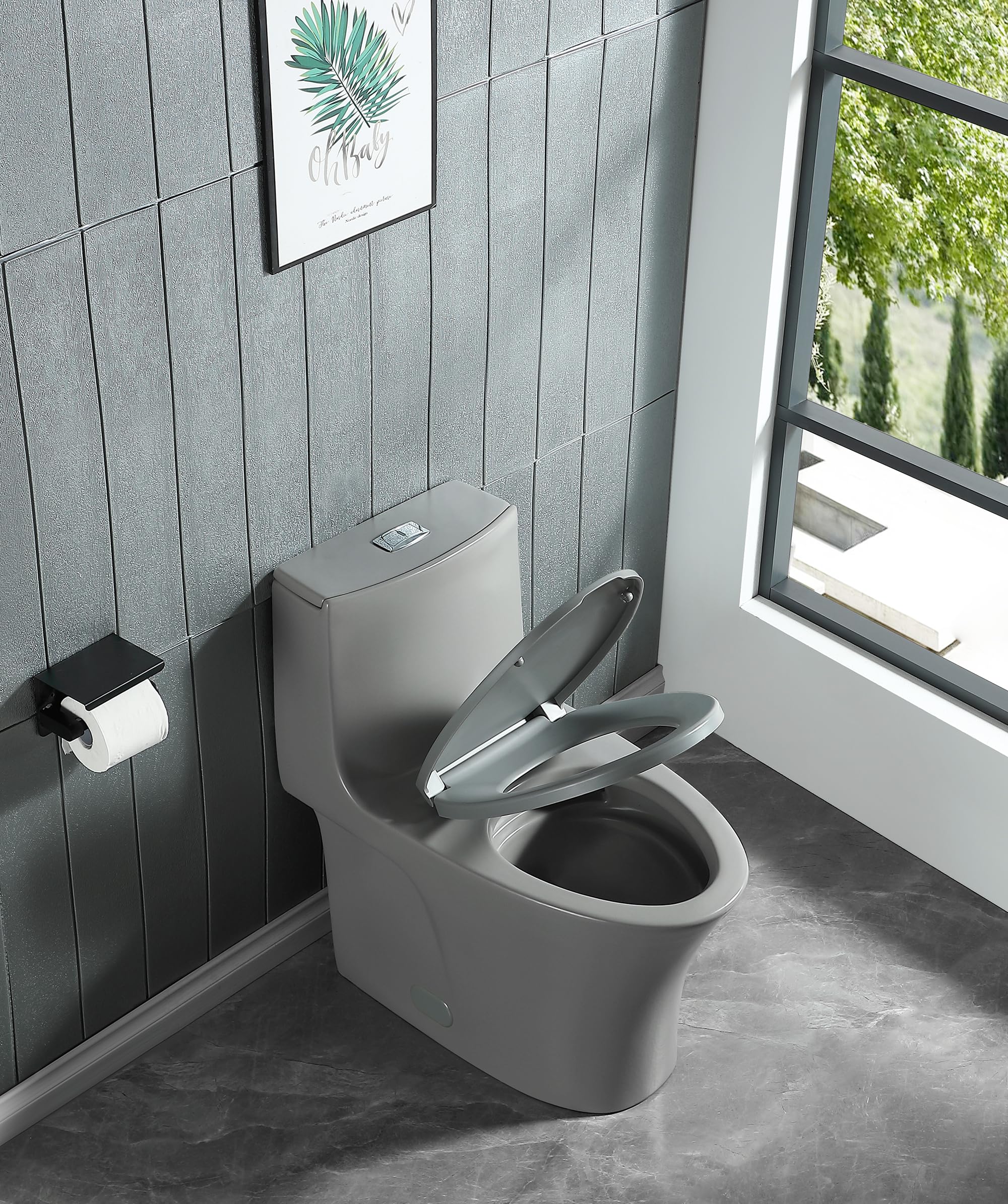 One Piece Toilet Dual Flush Elongated Standard Modern Toilet 1.1/1.6 GPF Soft Close Seat Save Water Powerful & Quiet - Gray, 27.5"D x 14"W x 28.6"H