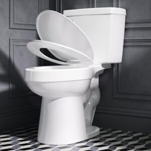 ellai two piece elongated toilets ada chair comfort height 16.5" powerful single flush 1.28 gpf 12” rough in with side trip lever, white 28.3"x17.2“x31"