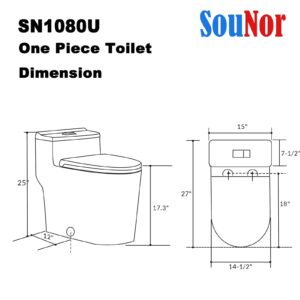 SouNor SN1080 One Piece Toilet 3-in Dual Flush 1.1/1.6 GPF Chair Right Seat Height Comfort Elongated U Shaped Bowl Soft Close UF Seat,White 12" Rough in