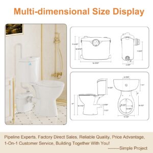 Simple Project 19" Extra Tall Macerating Toilet For Seniors, Upflush Toilet For Basement | 600w Macerator Pump With 4 Water Inlets For High Toilets, Shower, Laundry