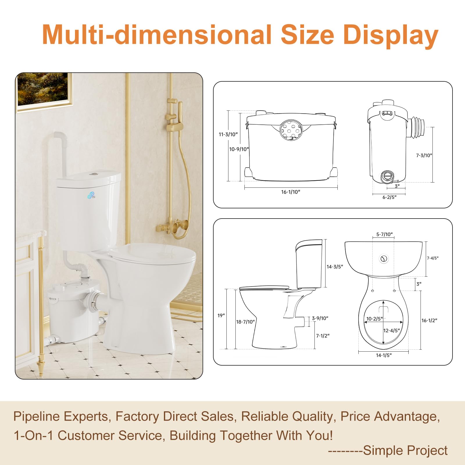 Simple Project 19" Extra Tall Macerating Toilet For Seniors, Upflush Toilet For Basement | 600w Macerator Pump With 4 Water Inlets For High Toilets, Shower, Laundry