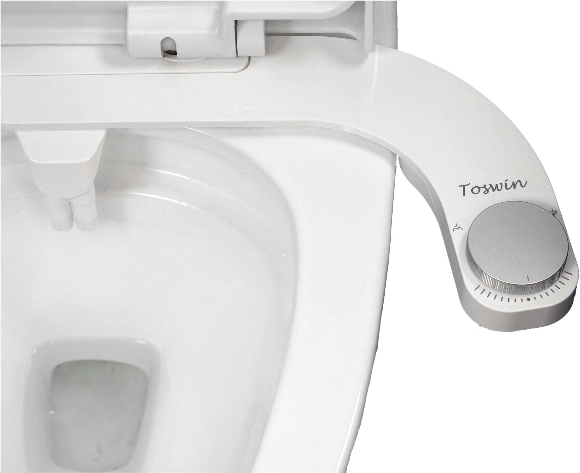 Toswin Left Handed Bidet Ultra Slim Left Hand Bidet Attachment with Dual Front & Rear Nozzles and Adjustable Water Pressure - Control Panel on Left Side-Silver Knob