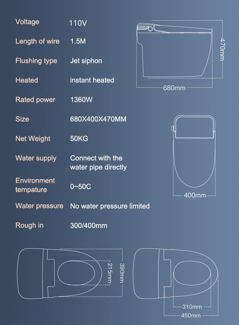 Intelligent Toilet with Heated Seat, DACOM Smart Toilet One Piece Toilet Foot Sensoring Flush, Warm Water and Dry, Multi-Function APP Remote Control