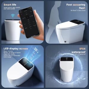 Intelligent Toilet with Heated Seat, DACOM Smart Toilet One Piece Toilet Foot Sensoring Flush, Warm Water and Dry, Multi-Function APP Remote Control