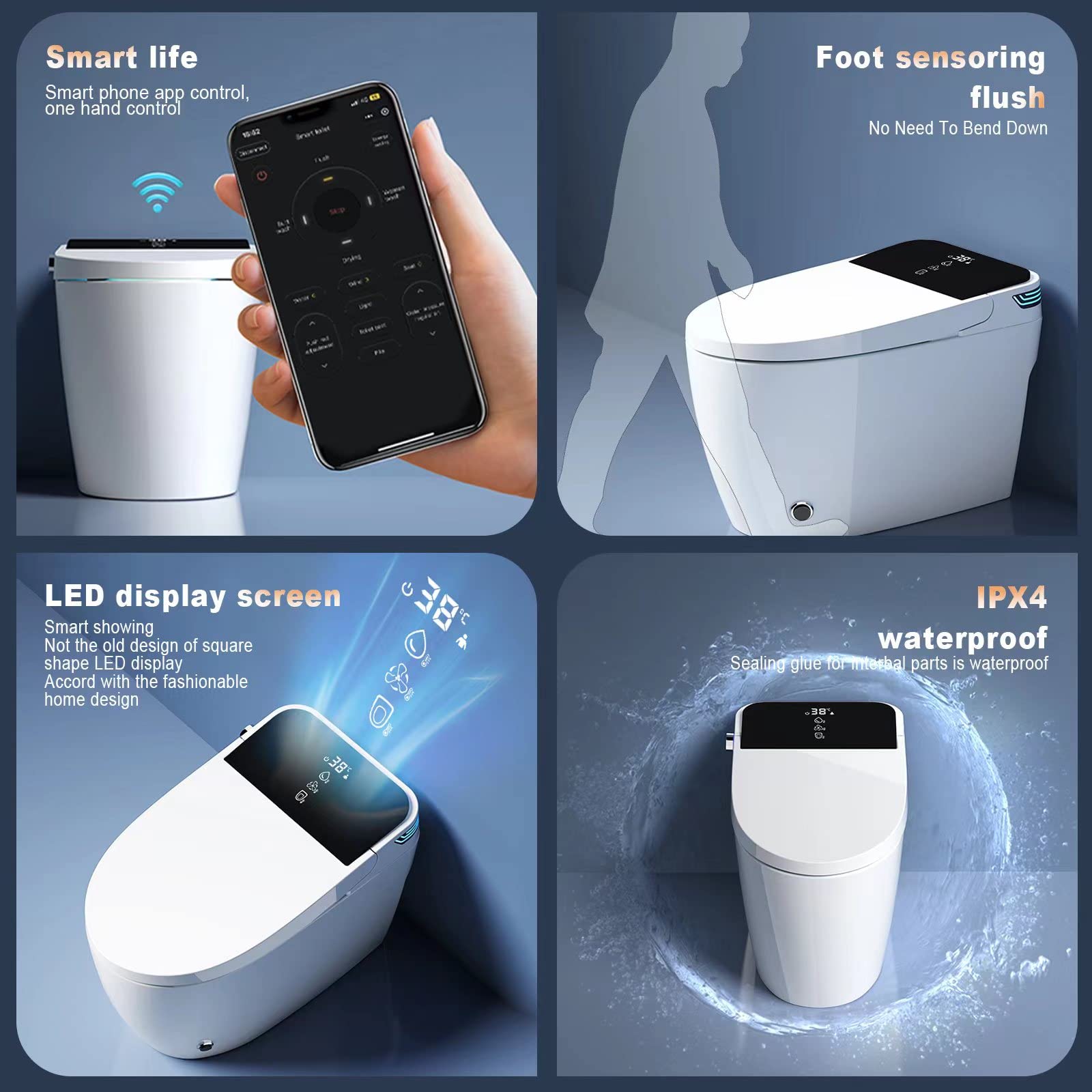 Intelligent Toilet with Heated Seat, DACOM Smart Toilet One Piece Toilet Foot Sensoring Flush, Warm Water and Dry, Multi-Function APP Remote Control