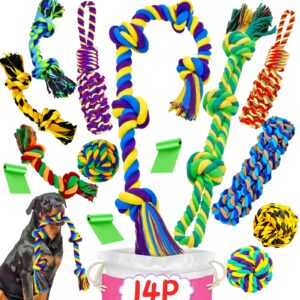 xl dog chew toys for aggressive chewers large breed, 14 pack tough indestructible dog toys for aggressive chewers, durable puppy chew toys for teething, heavy duty cotton dog rope toys for large dogs