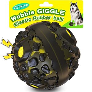 mitaiko dog toy ball for aggressive chewers, interactive fetch dog ball with fun squeaky wobble giggle sound, durable for small medium large dogs, non-toxic rubber pet chew toys, black & yellow