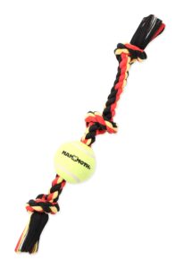 mammoth flossy chews color 3 knot tug w/standard tennis ball – premium cotton-poly tug toy for dogs – interactive– rope dog toy for medium dogs - 20”