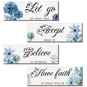 joyhawk 4 pieces blue flower wall decor for bedroom, accept-let go-have faith-believe wooden inspirational wall art decorations for living room bathroom,rustic wooden farmhouse home decor, 12 x 4 inch