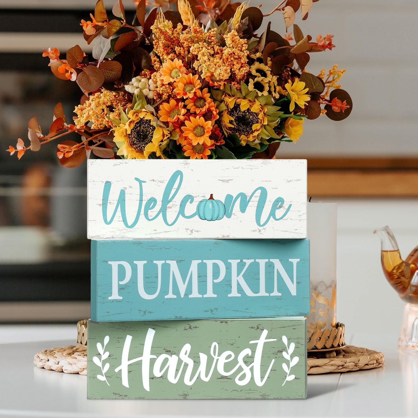 Geetery 3 Pcs Fall Decor, Thanksgiving Table Centerpiece, Welcome Pumpkin Harvest Wooden Block Sign Fall Decorations Farmhouse Autumn Decor for Home Table Office Room