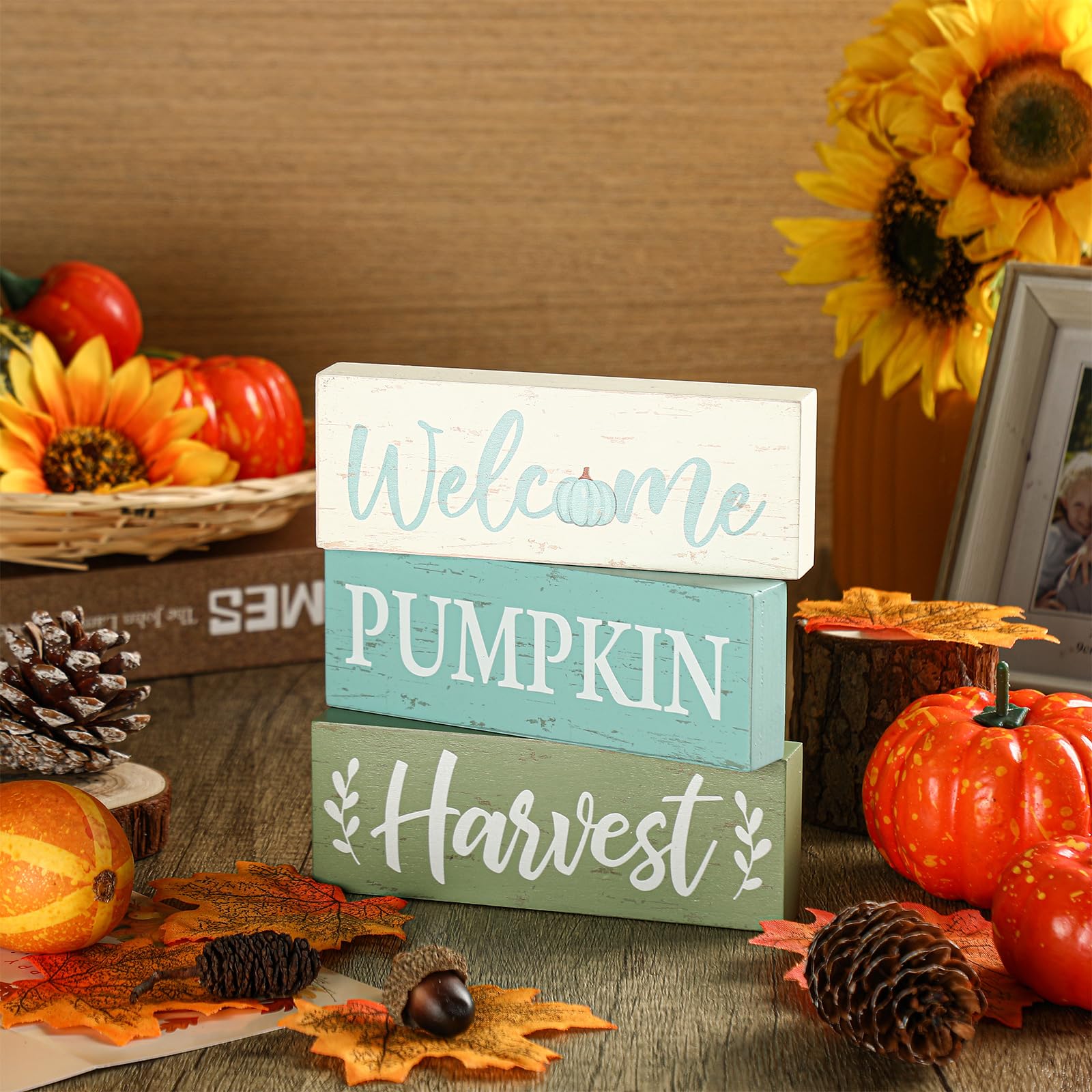 Geetery 3 Pcs Fall Decor, Thanksgiving Table Centerpiece, Welcome Pumpkin Harvest Wooden Block Sign Fall Decorations Farmhouse Autumn Decor for Home Table Office Room