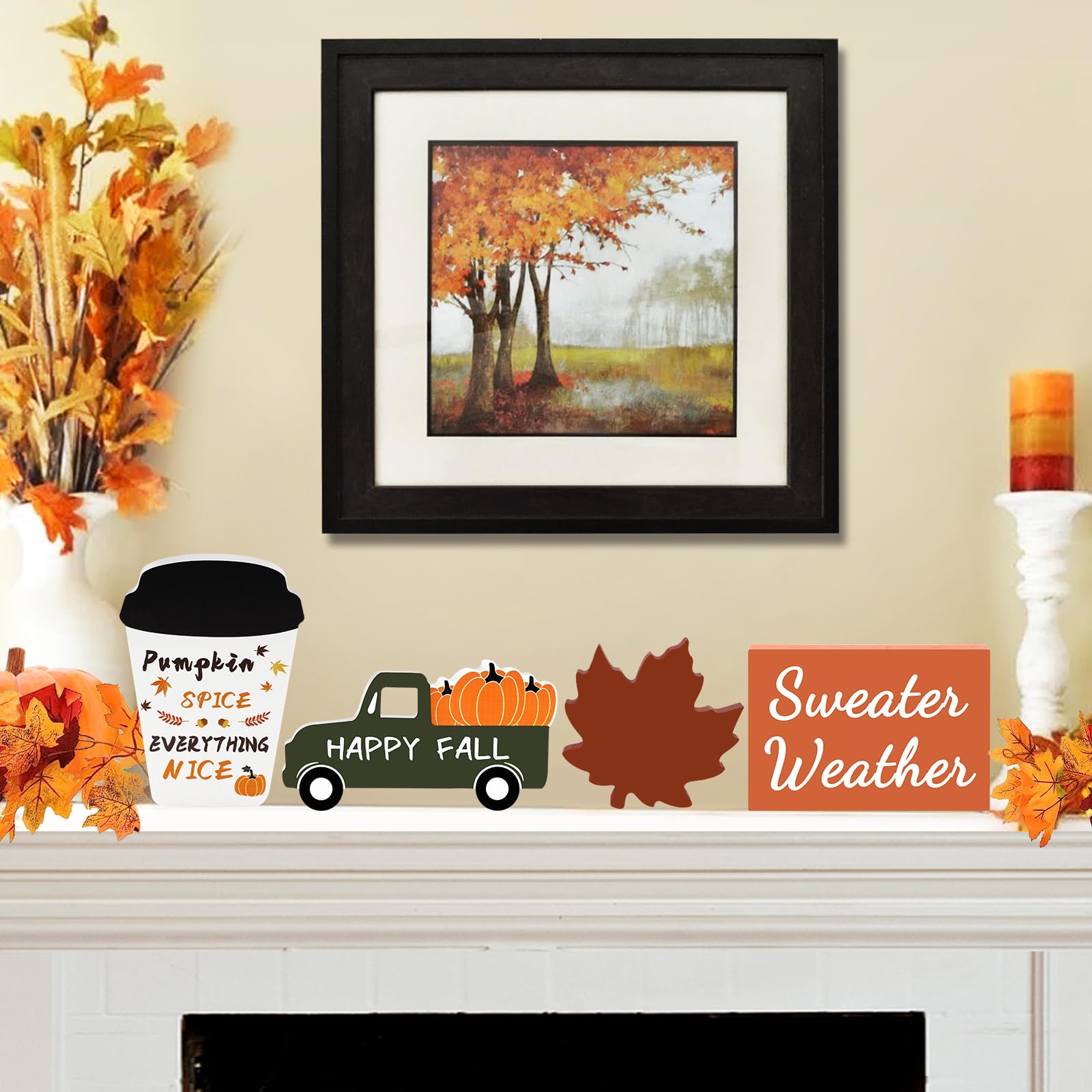 Fall Decor Fall Decorations for Home 4Pcs Wooden Coffee Cup Maple Leaf Car Sweater Weather Sign Farmhouse Table Tiered Tray Decor Thanksgiving Decorations