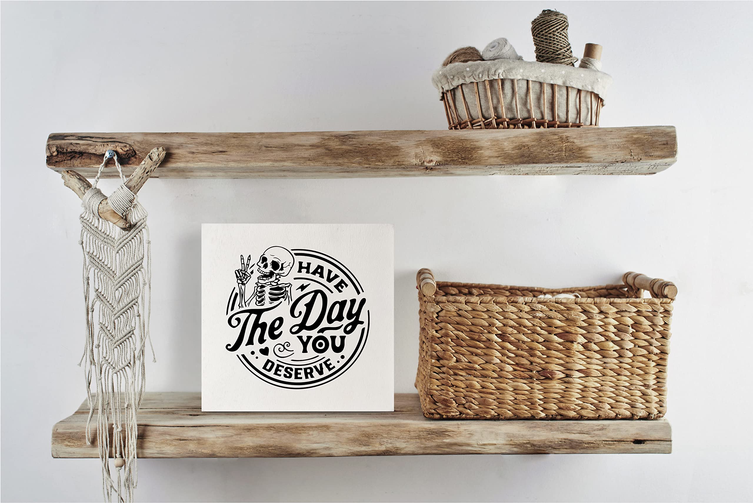 KEUSPI Have the Day You Deserve Skeleton Decor, Goth Decor, Inspirational Saying Wood Block Plaque Box Sign, Skull Motivational Quotes Desk Decor for Home Office Wall Tabletop Shelf 5x5