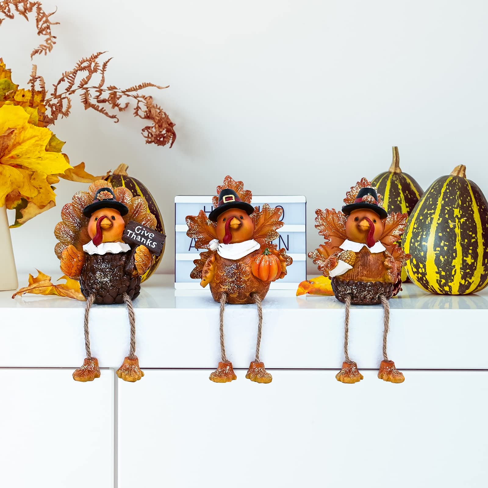 ALLADINBOX Thanksgiving Turkey Tabletop Centerpieces 3 Pcs Resin Pilgrim Turkey Figurines Thanksgiving Decorative Shelf Sitters with Dangling Legs, Harvest Fall Decor Home Kitchen Autumn Displays