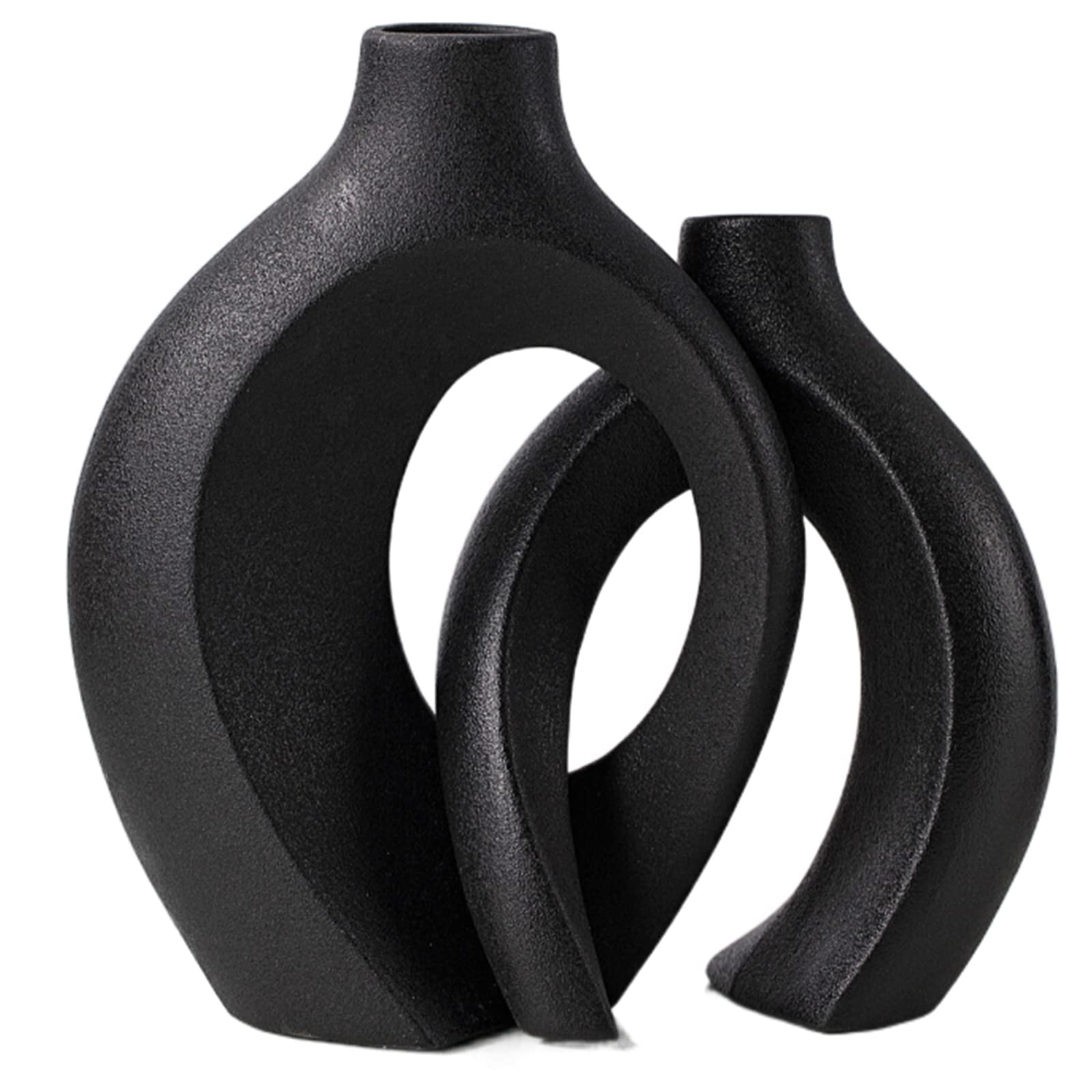 Levvohd Black Hollow Ceramic Vase Set of 2, Snuggle Round Boho Donut Modern Vase Nordic Minimalist Decorative Vase for Modern Trendy Home Table Centerpiece Decor (W 6.3" X H 8")