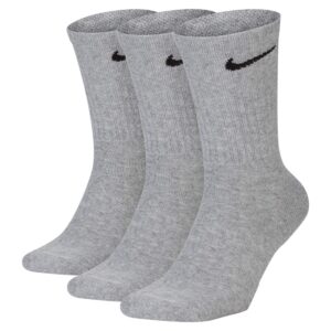 nike everyday cushion crew training socks, unisex nike socks with sweat-wicking technology and impact cushioning (3 pair), dark grey heather/black, large