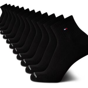 Tommy Hilfiger Mens Athletic Socks Cushion Quarter Cut Ankle Socks (12 Pack), Size 7-12, Black Flag