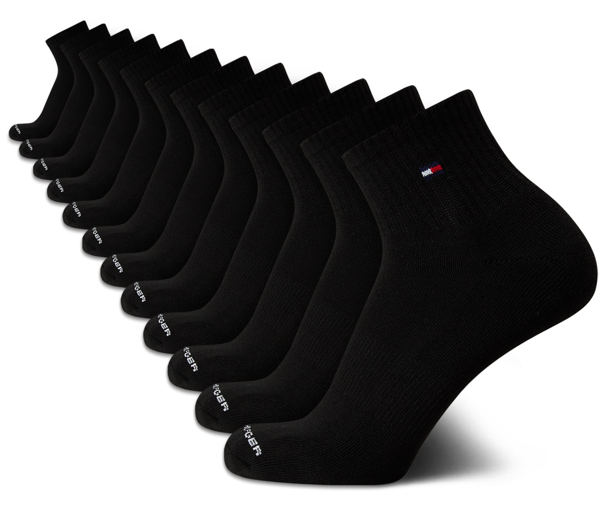 Tommy Hilfiger Mens Athletic Socks Cushion Quarter Cut Ankle Socks (12 Pack), Size 7-12, Black Flag