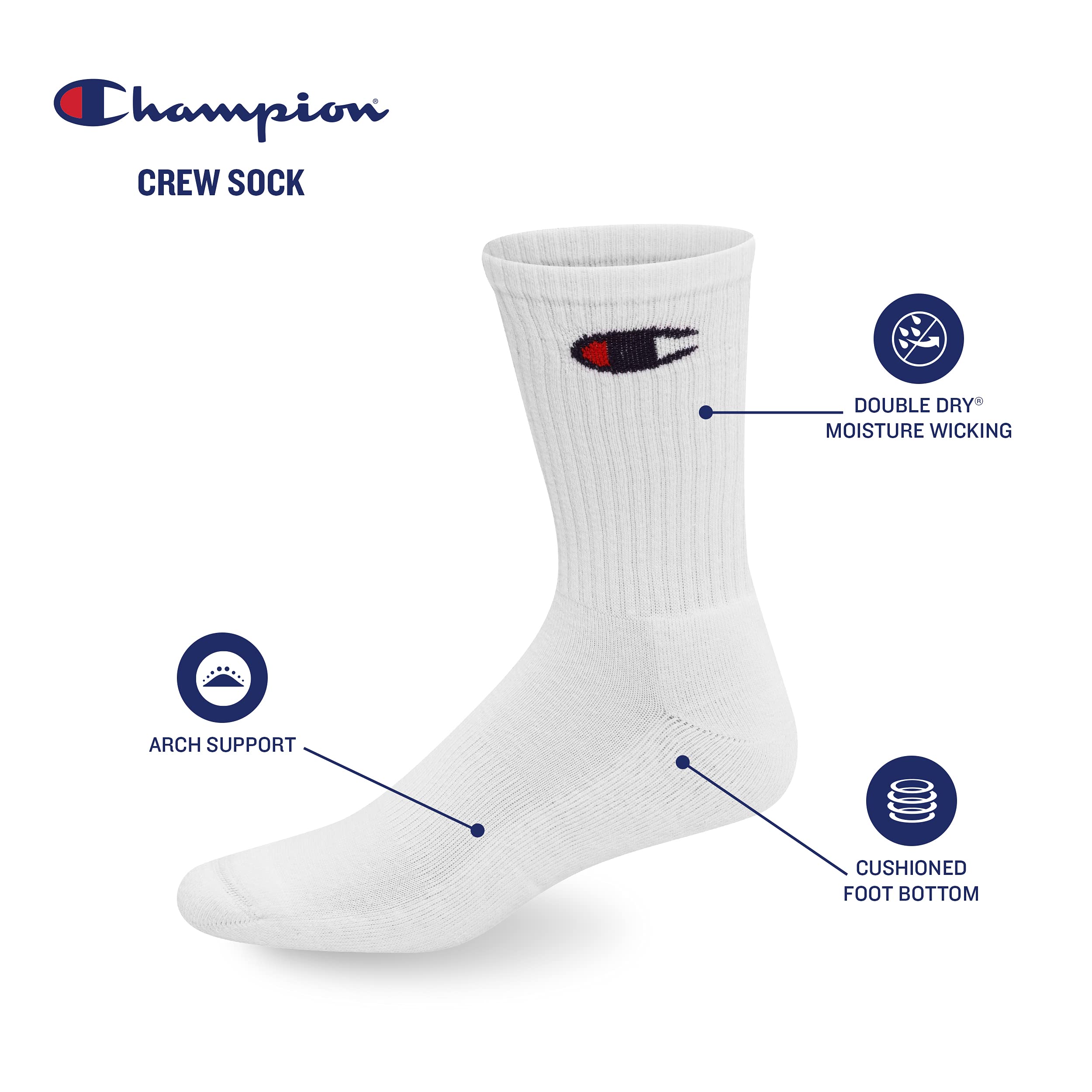 Champion Men's Double Dry Moisture Wicking Socks 6, 8, 12 Packs Availabe, Black Crew C-6 Pack, 6-12