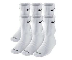 nike dri-fit cushion crew training socks (6 pair) white with traditional black swoosh logo adult large 8-12 unisex