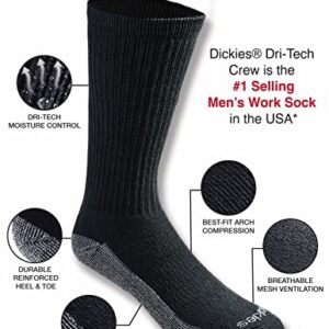 Dickies Men's Dri-tech Moisture Control Crew Socks Multipack, Black (6 Pairs), Shoe Size: 6-12, Pack of 6