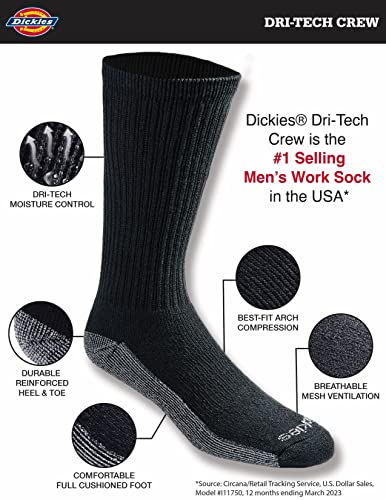 Dickies Men's Dri-tech Moisture Control Crew Socks Multipack, Black (6 Pairs), Shoe Size: 6-12, Pack of 6