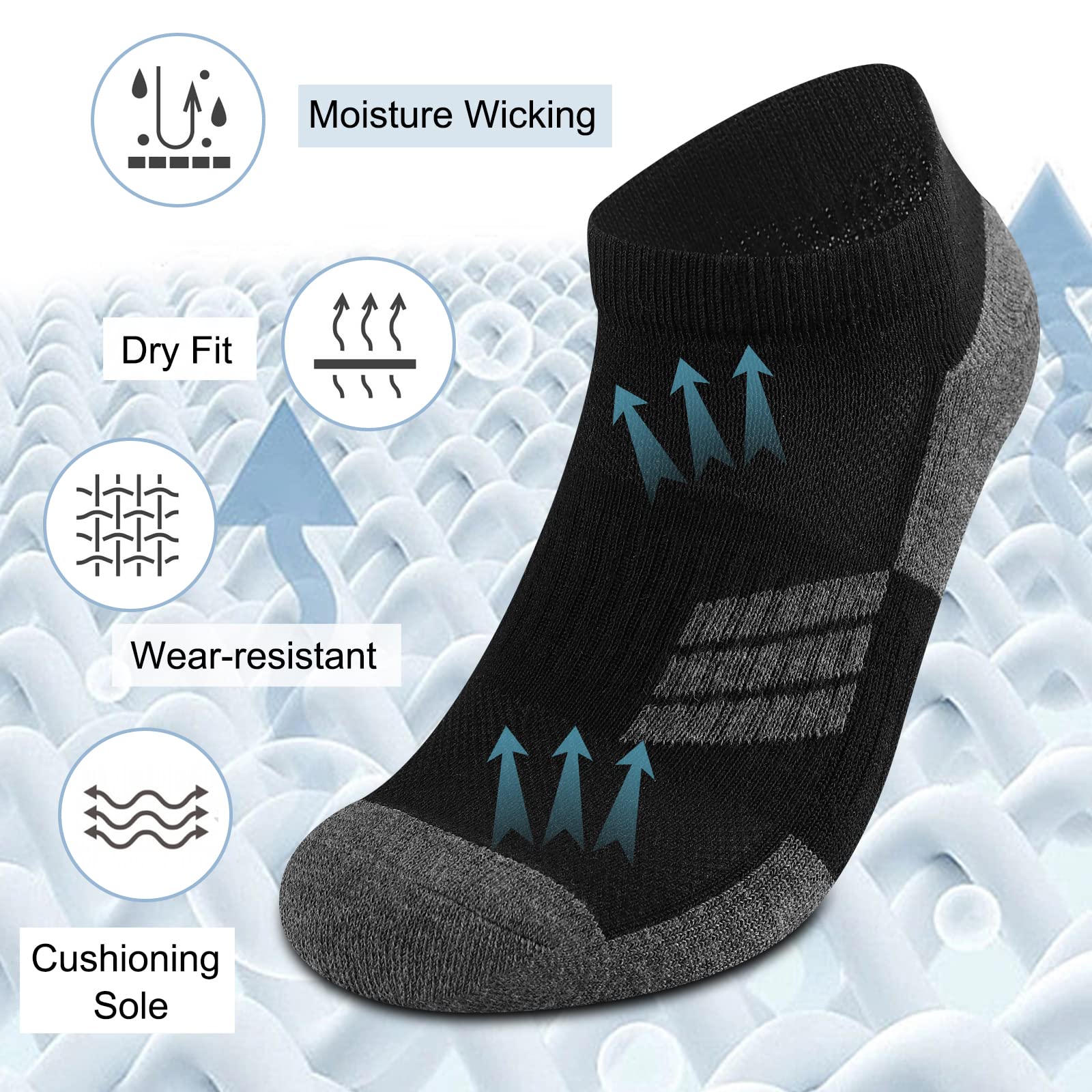 COOPLUS 8 Pairs Mens Cushioned Ankle Socks, Moisture Wicking Athletic Running Low cut Sports Socks